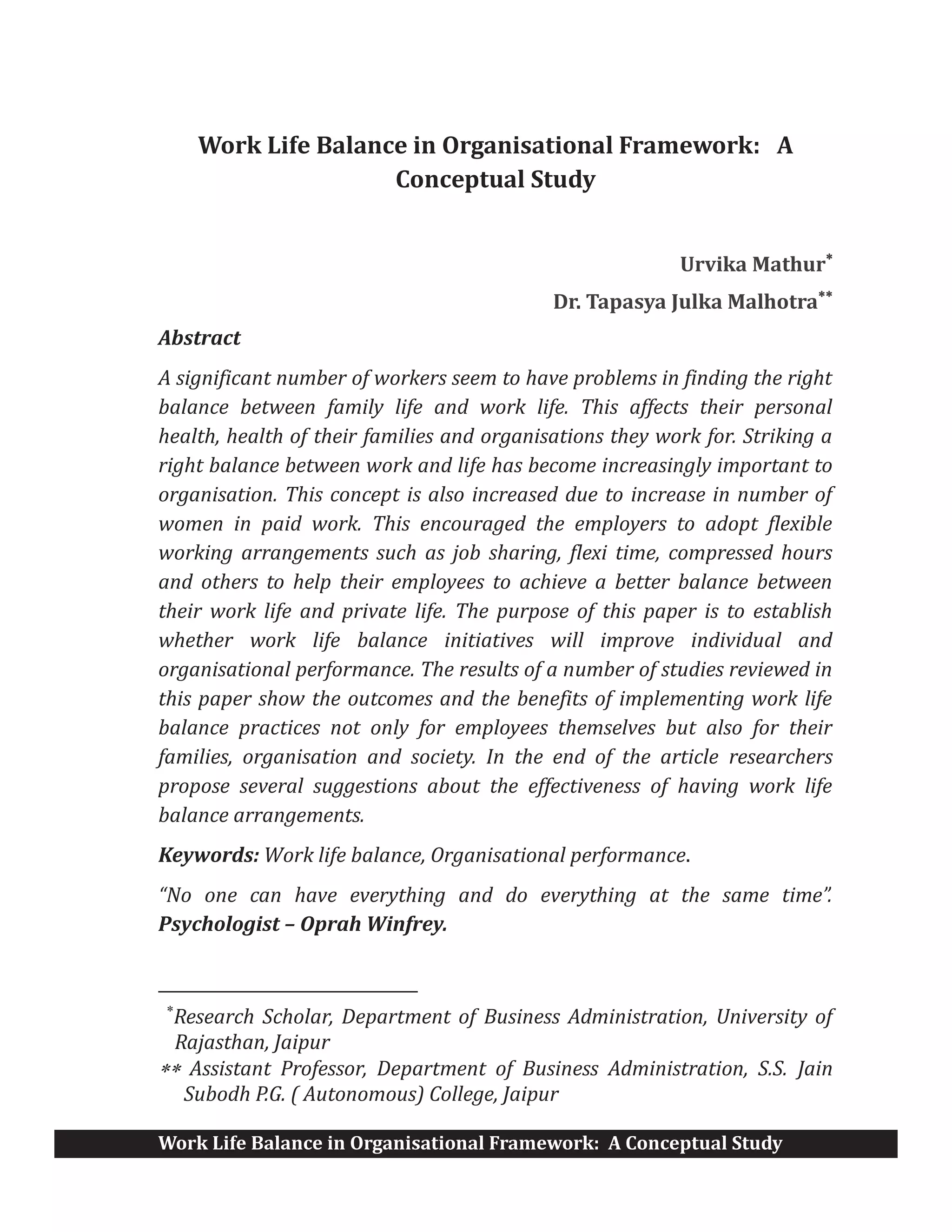 Work Life Balance in Organizational Framework:A Conceptual Study | PDF