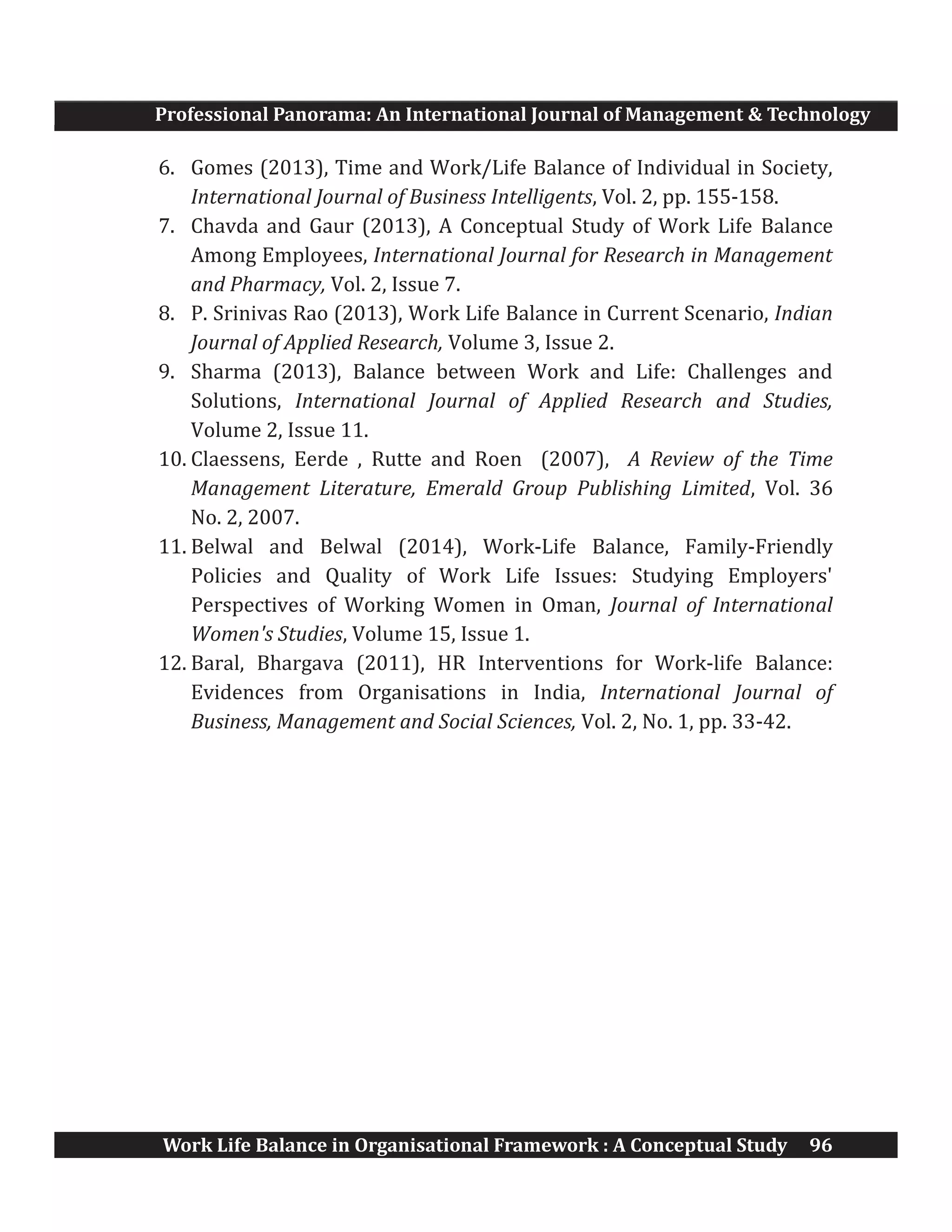 Work Life Balance in Organizational Framework:A Conceptual Study | PDF