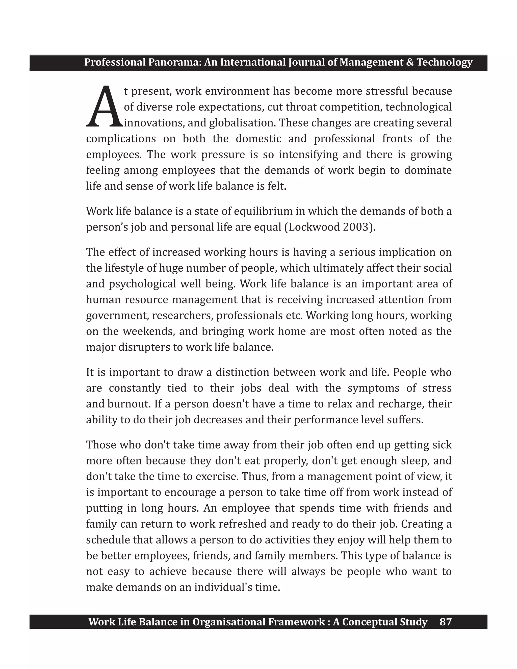 Work Life Balance in Organizational Framework:A Conceptual Study | PDF