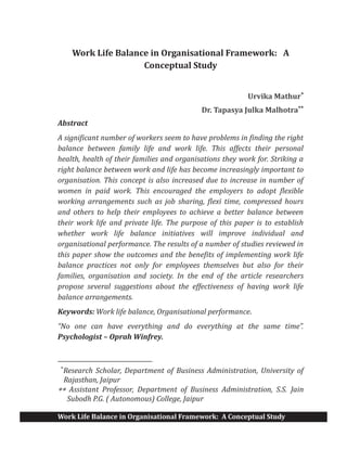 Work Life Balance in Organizational Framework:A Conceptual Study | PDF