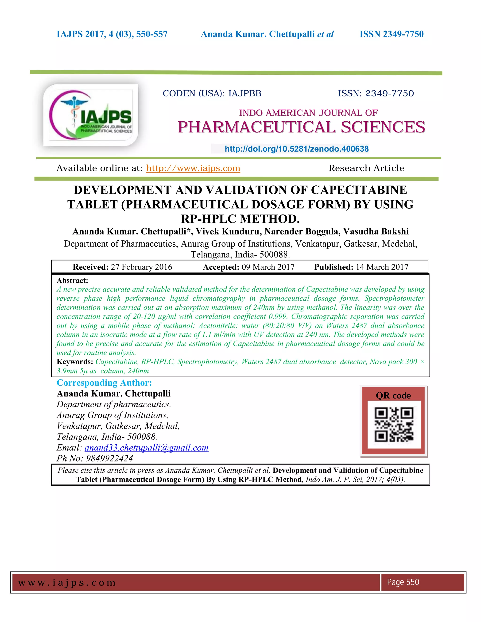 DEVELOPMENT AND VALIDATION OF CAPECITABINE TABLET (PHARMACEUTICAL DOSAGE FORM) BY USING RP-HPLC ...