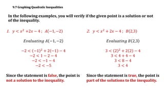 Graphing Quadratic Inequalities, Verifying Solutions. | PPTX