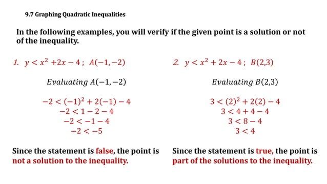 Graphing Quadratic Inequalities, Verifying Solutions. | PPTX | Science