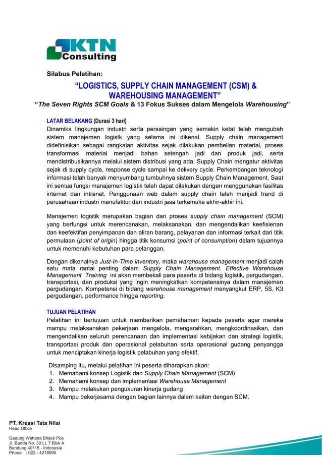 Training 'LOGISTICS, SUPPLY CHAIN MANAGEMENT & WAREHOUSING" | PDF