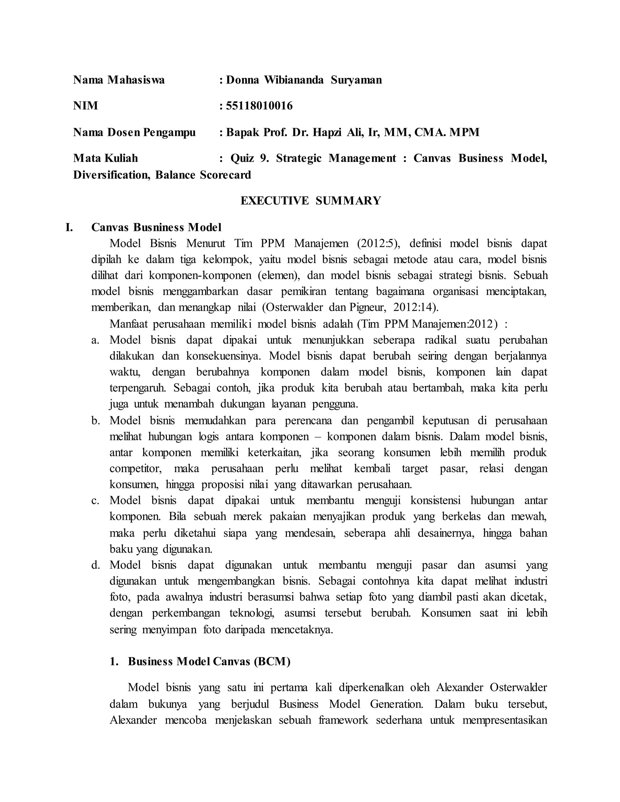 Strategic management. canvas model, diversification, balance scorecard. umb. 2019 | PDF