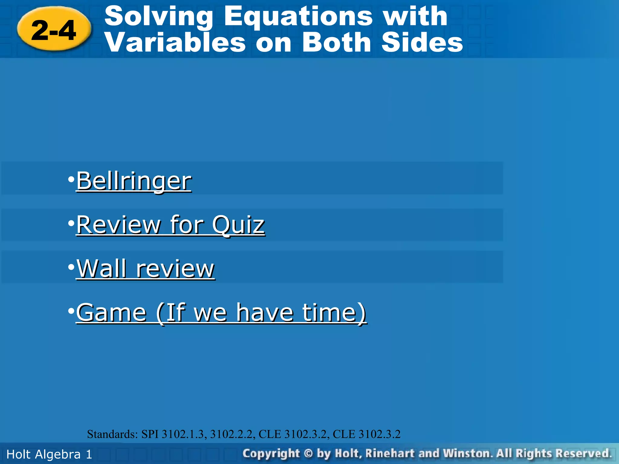 Algeba 1. 9.1 Solving equations review | PPT
