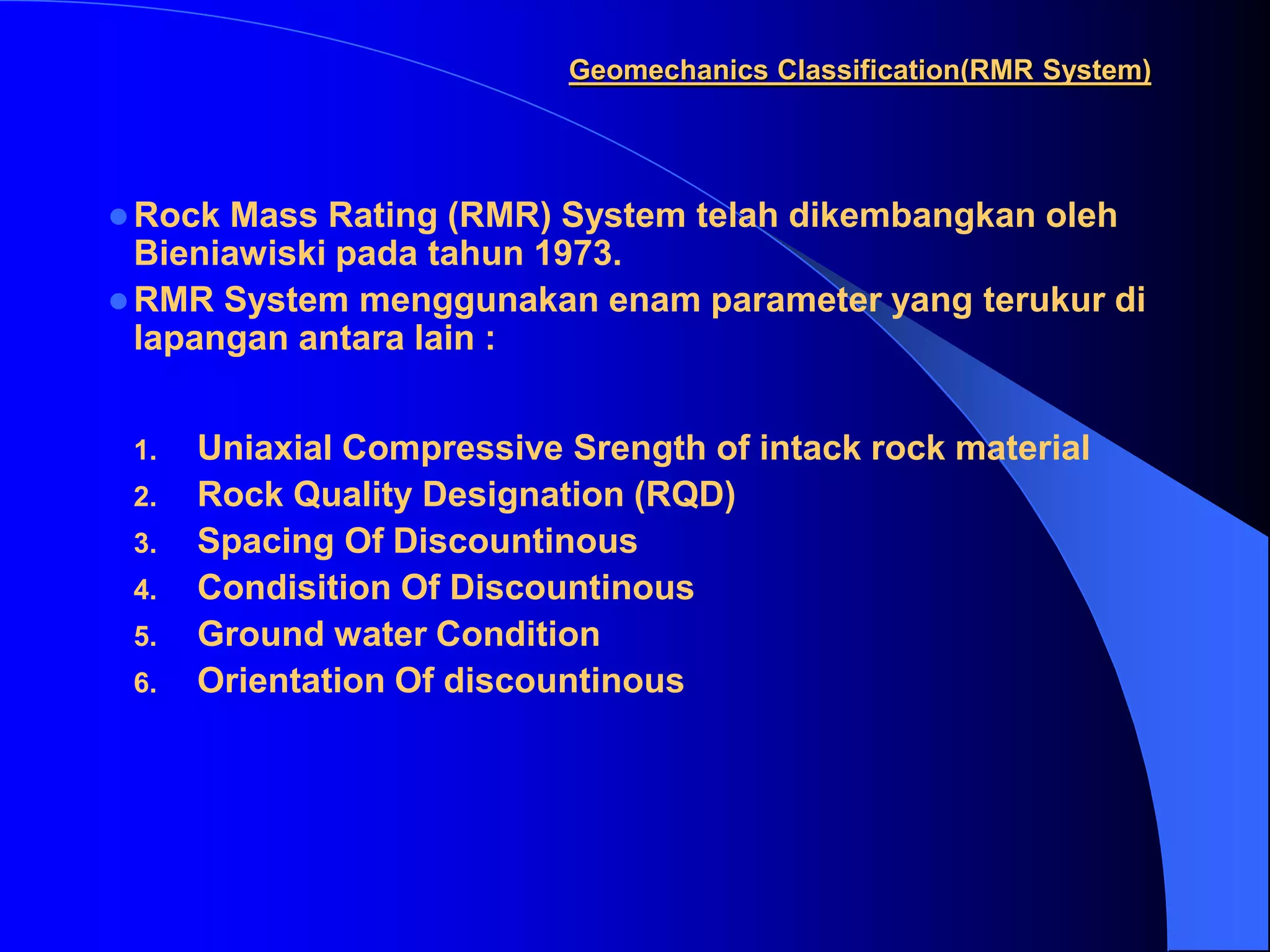 Geomechanics classification RMR system | PPT