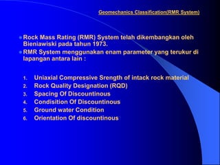 Geomechanics classification RMR system | PPT