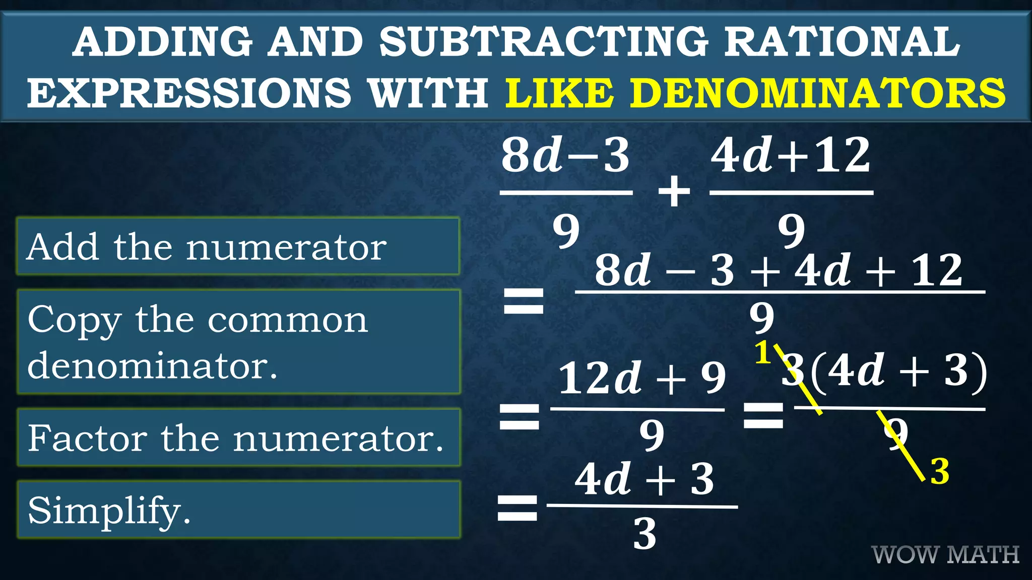 Addition and Subtraction of Rational Expressions with Like Denominators | PDF