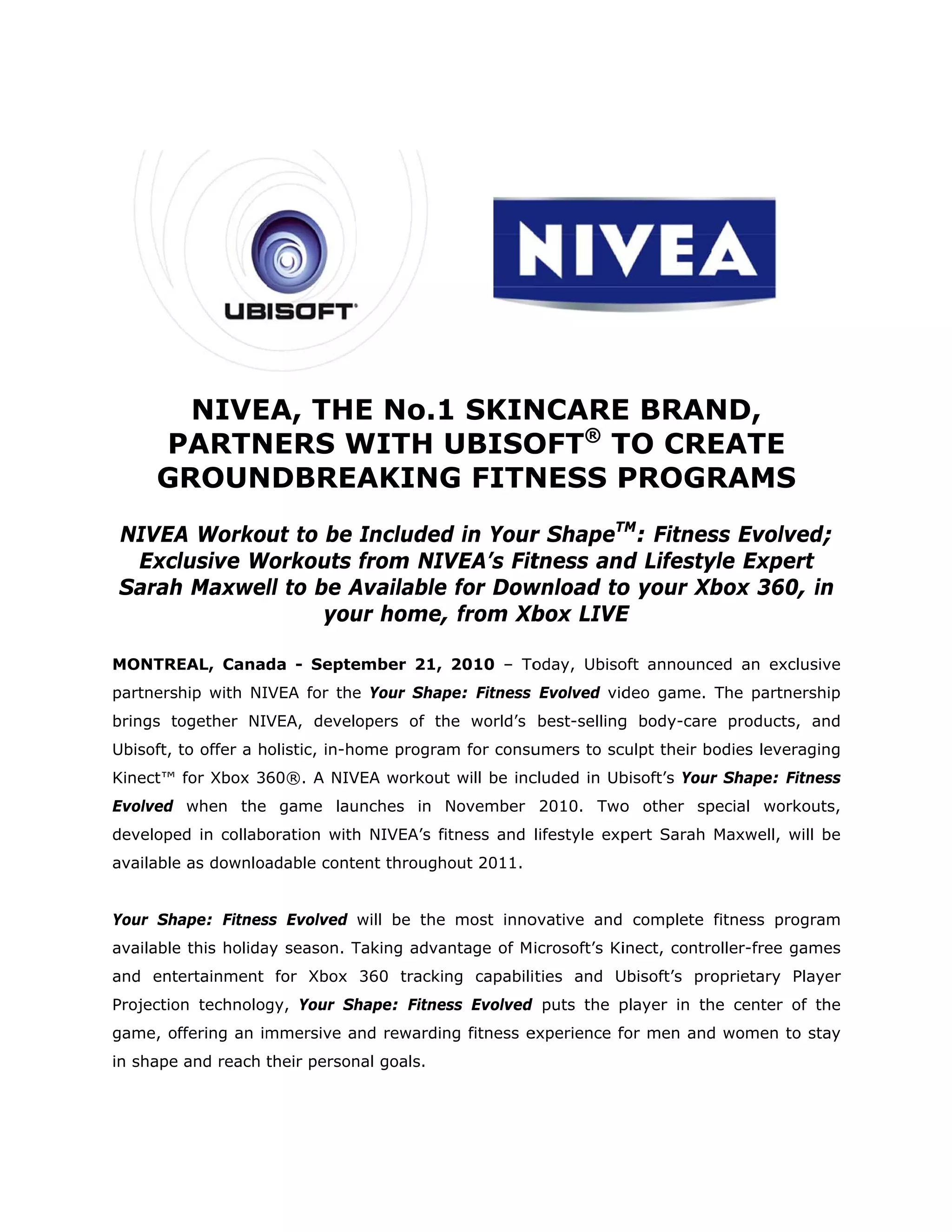 Nivea, the #1 Skincare Brand, Partners with Ubisoft to Create Groundbreaking Fitness Program | PDF