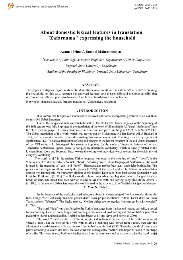 About domestic lexical features in translation "Zafarnama" expressing ...