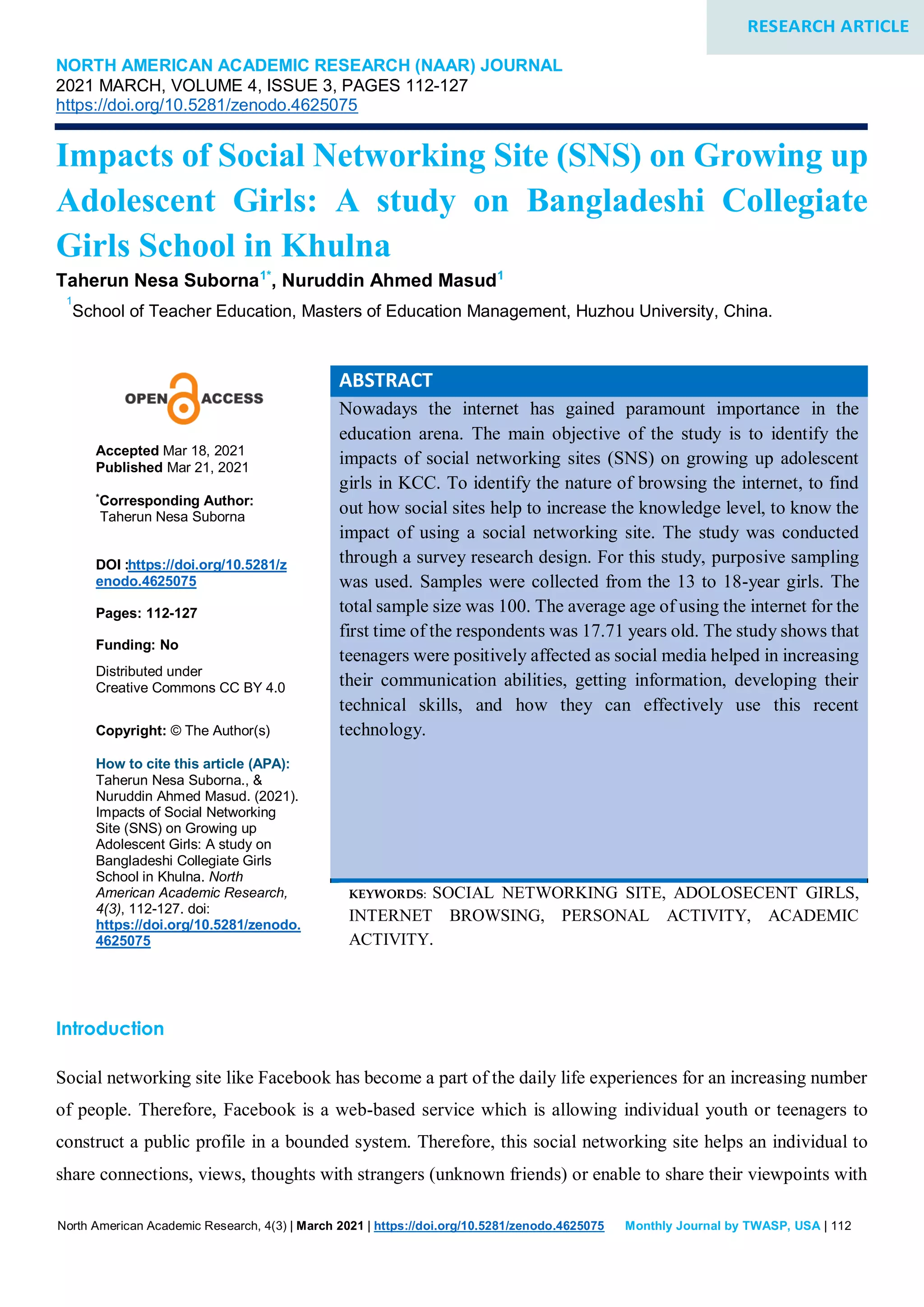 Impacts of social networking site (sns) on growing up adolescent girls a study on bangladeshi ...