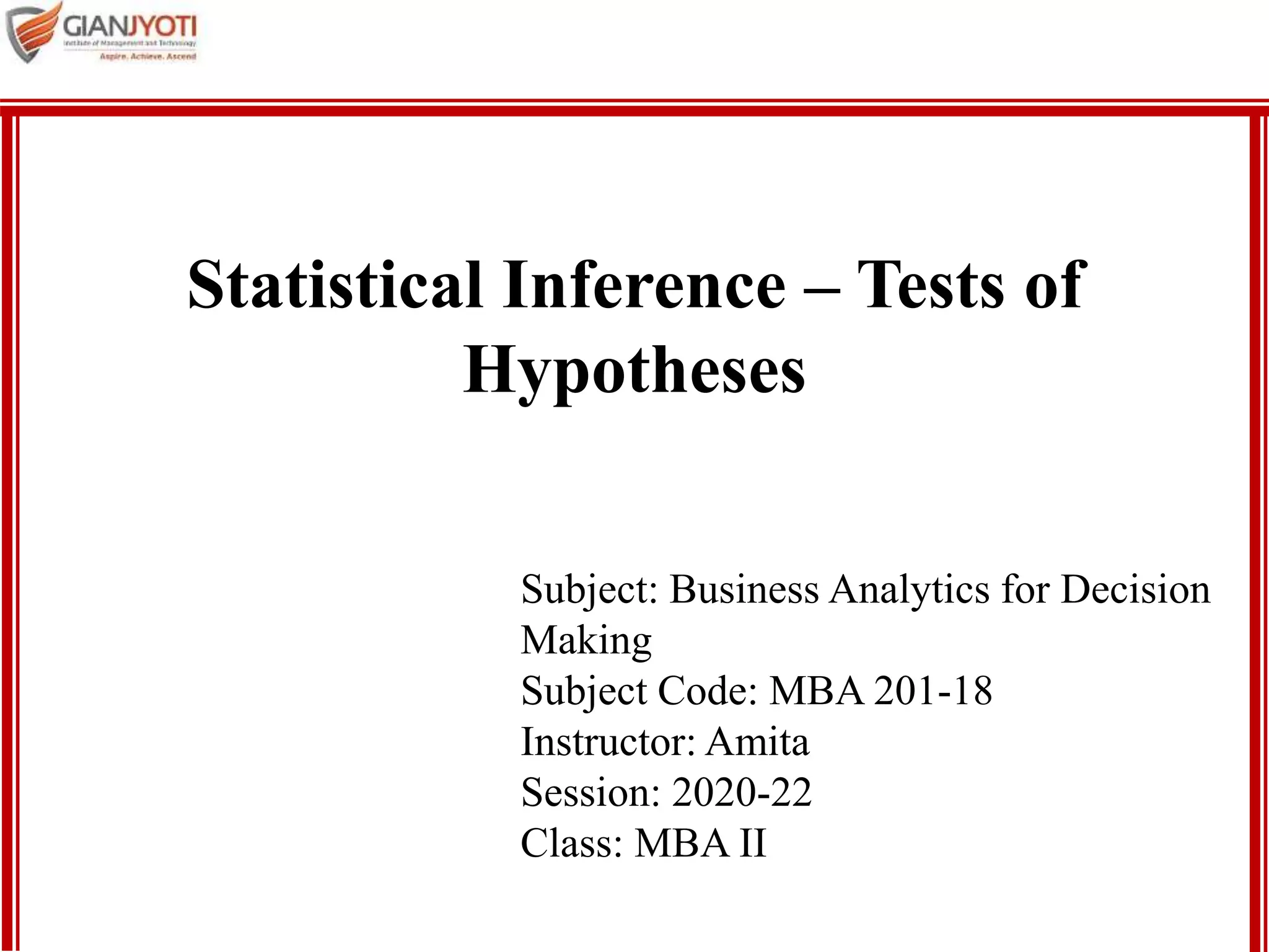 Statistical Inference Concept Procedure Of Hypothesis Testing Ppt