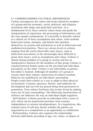 9.1 UNDERSTANDING CULTURAL DIFFERENCESCulture encompasses the va.docx