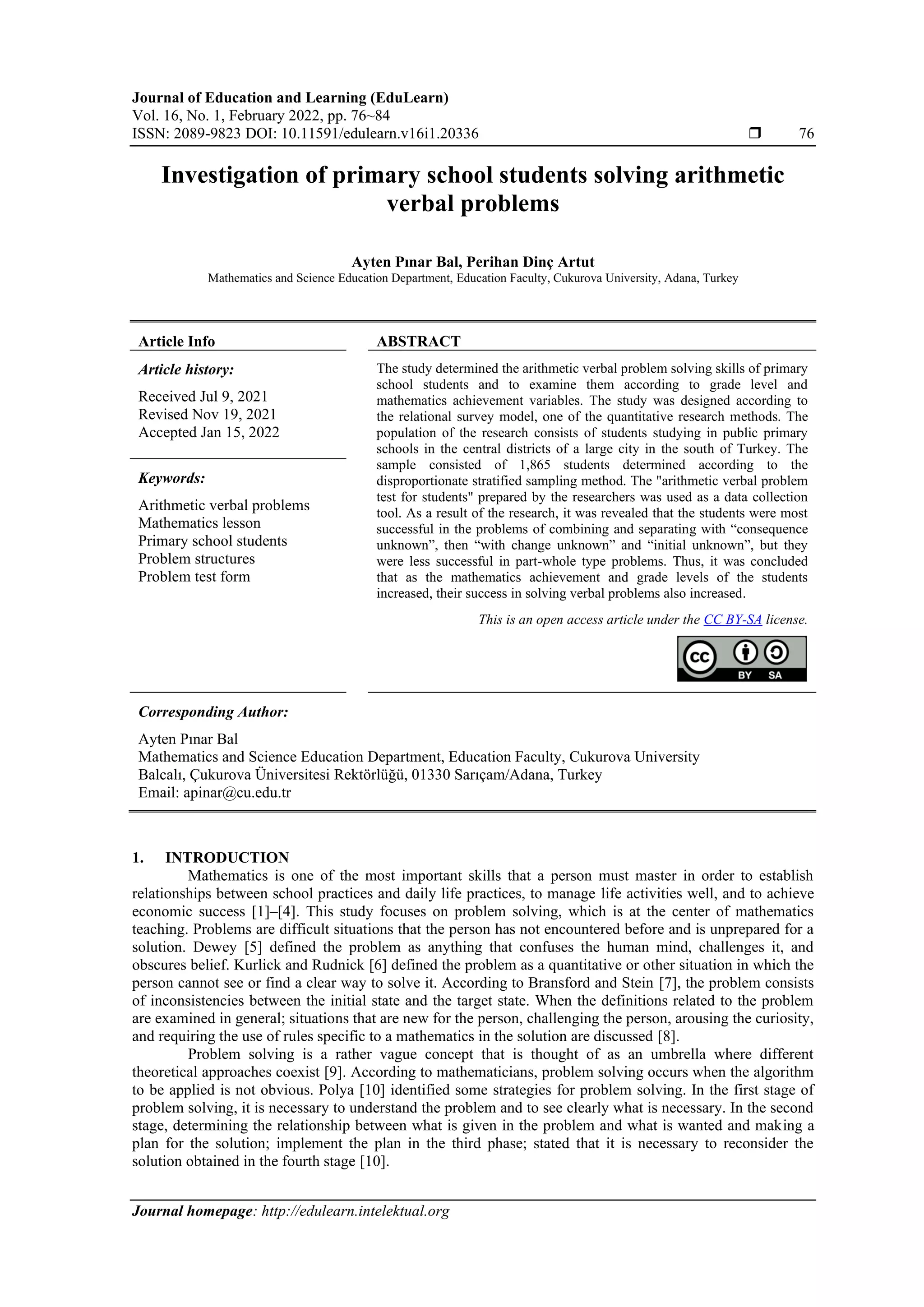 Investigation of primary school students solving arithmetic verbal ...