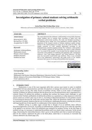 Investigation of primary school students solving arithmetic verbal ...