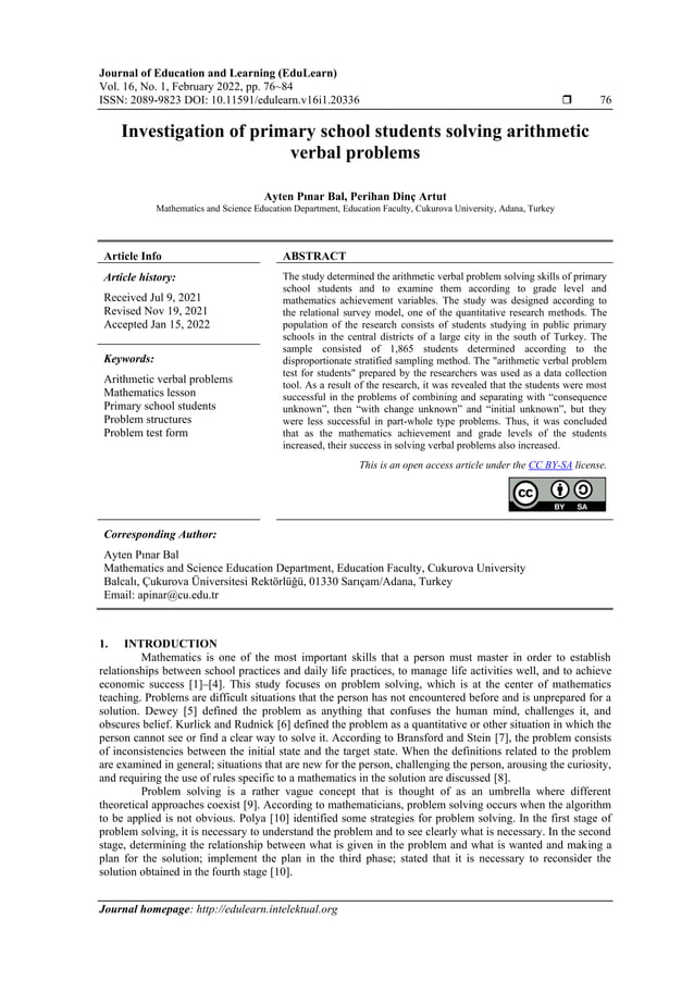 Investigation of primary school students solving arithmetic verbal problems | PDF