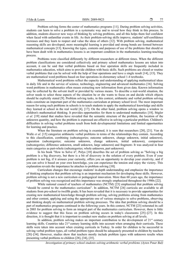 Investigation of primary school students solving arithmetic verbal problems | PDF