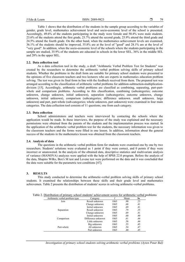 Investigation of primary school students solving arithmetic verbal problems | PDF