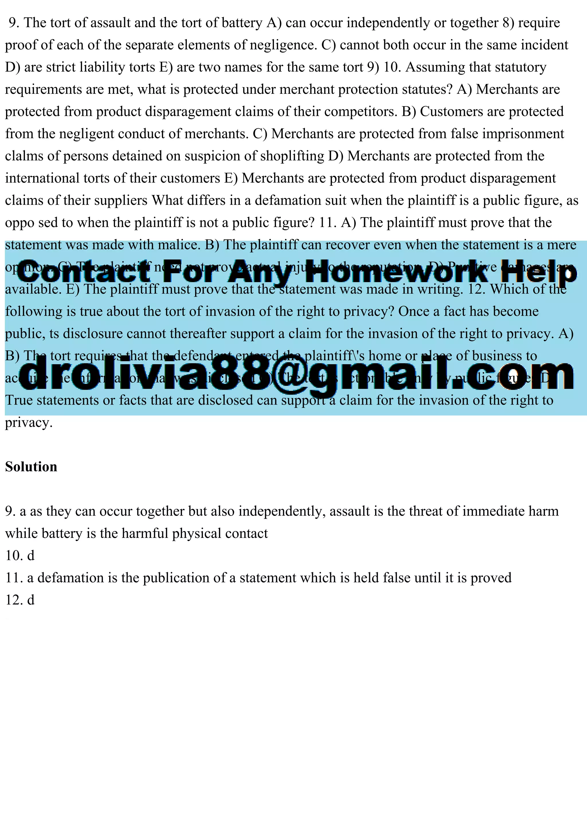 9. The tort of assault and the tort of battery A) can occur independe.pdf