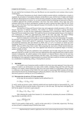 Implementing lee's model to apply fuzzy time series in forecasting bitcoin price | PDF