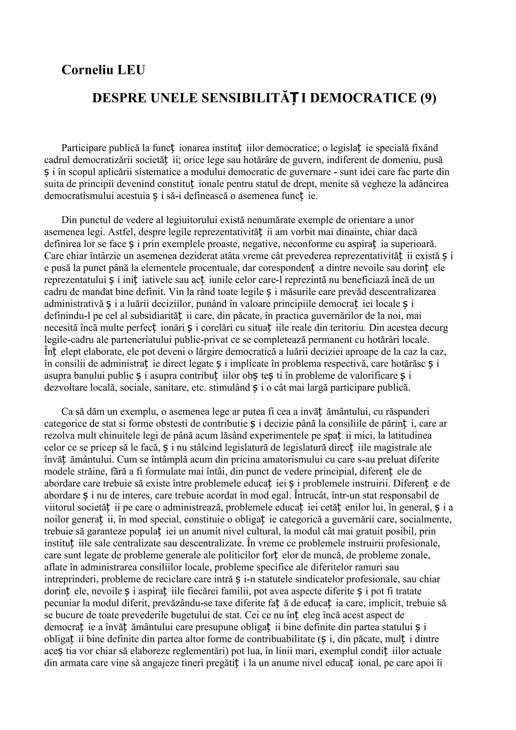 Despre unele sensibilități democratice (9), autor Corneliu Leu | PDF