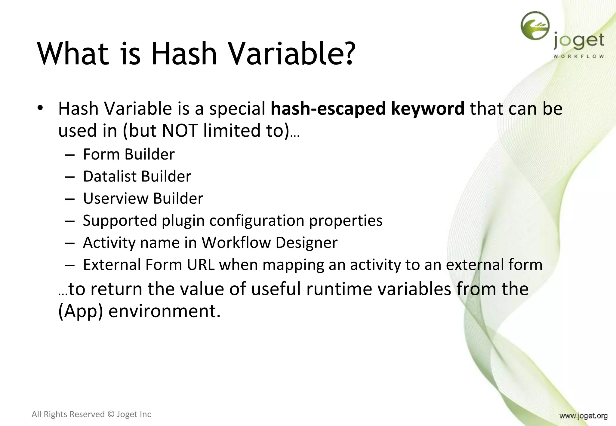Joget Workflow v6 Training Slides - 9 - Hash Variable | PPTX