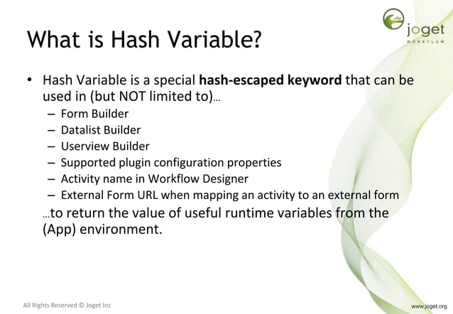 Joget Workflow v6 Training Slides - 9 - Hash Variable | PPT