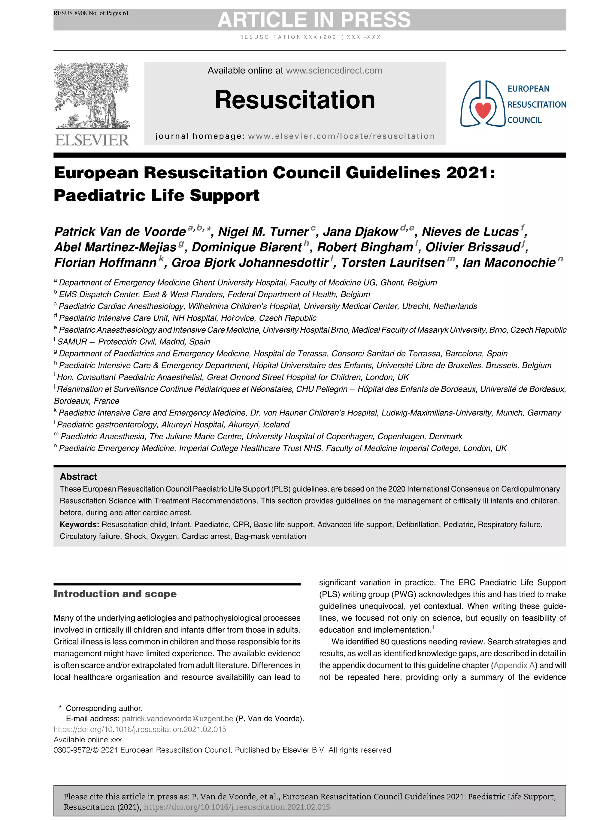 European Resuscitation Council Guidelines 2021: Paediatric Life Support ...