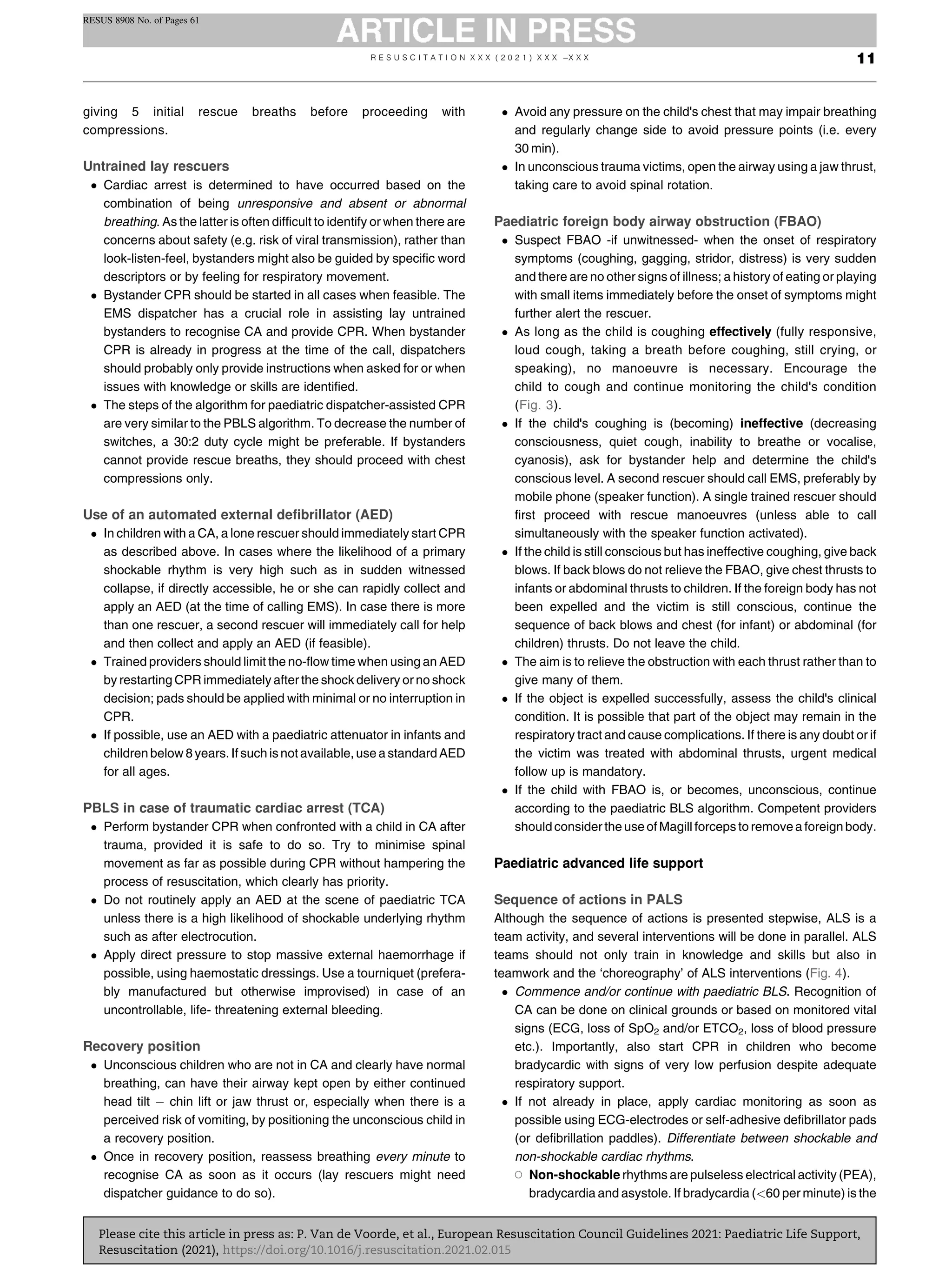 European Resuscitation Council Guidelines 2021: Paediatric Life Support ...