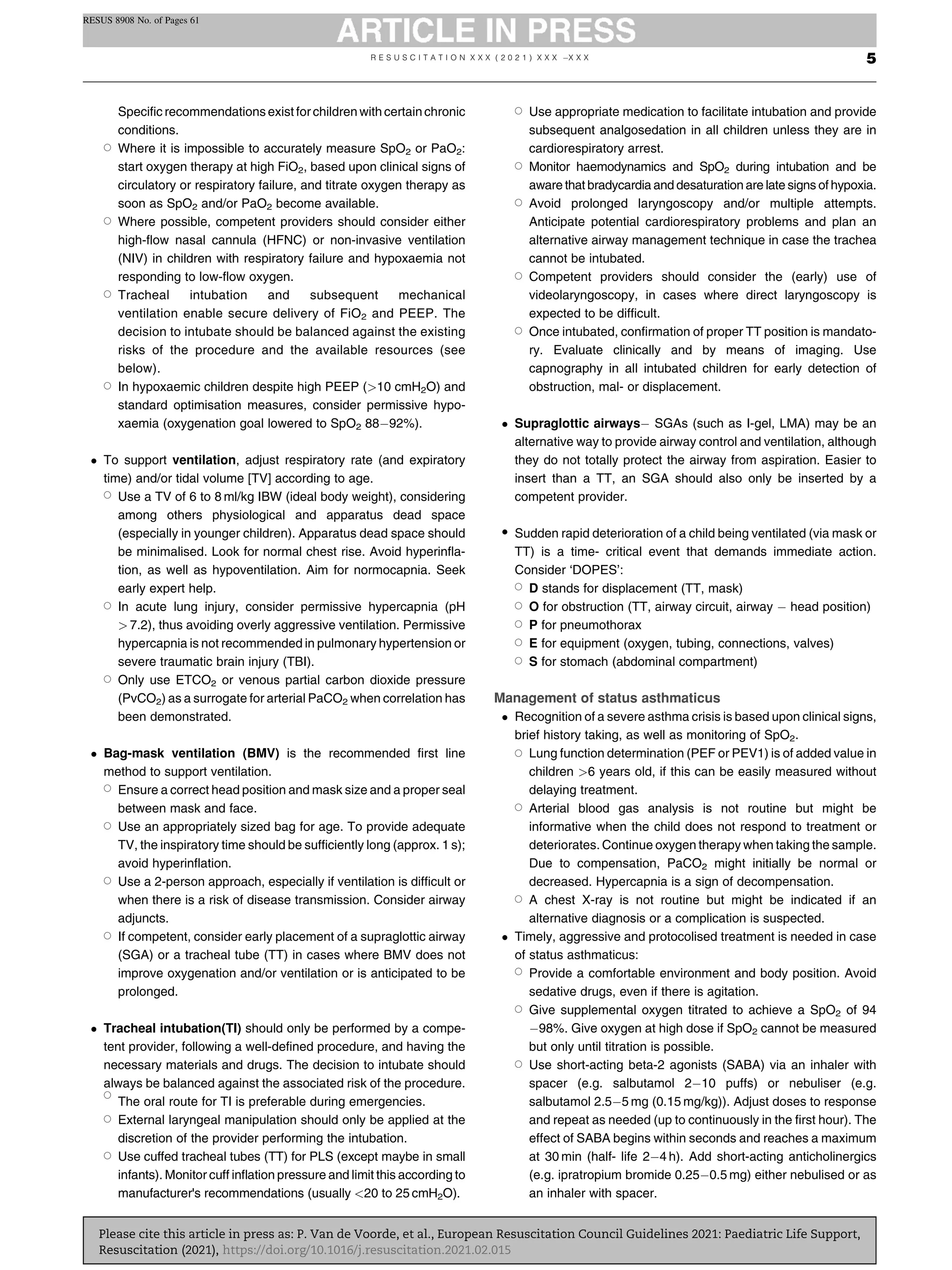 European Resuscitation Council Guidelines 2021: Paediatric Life Support ...