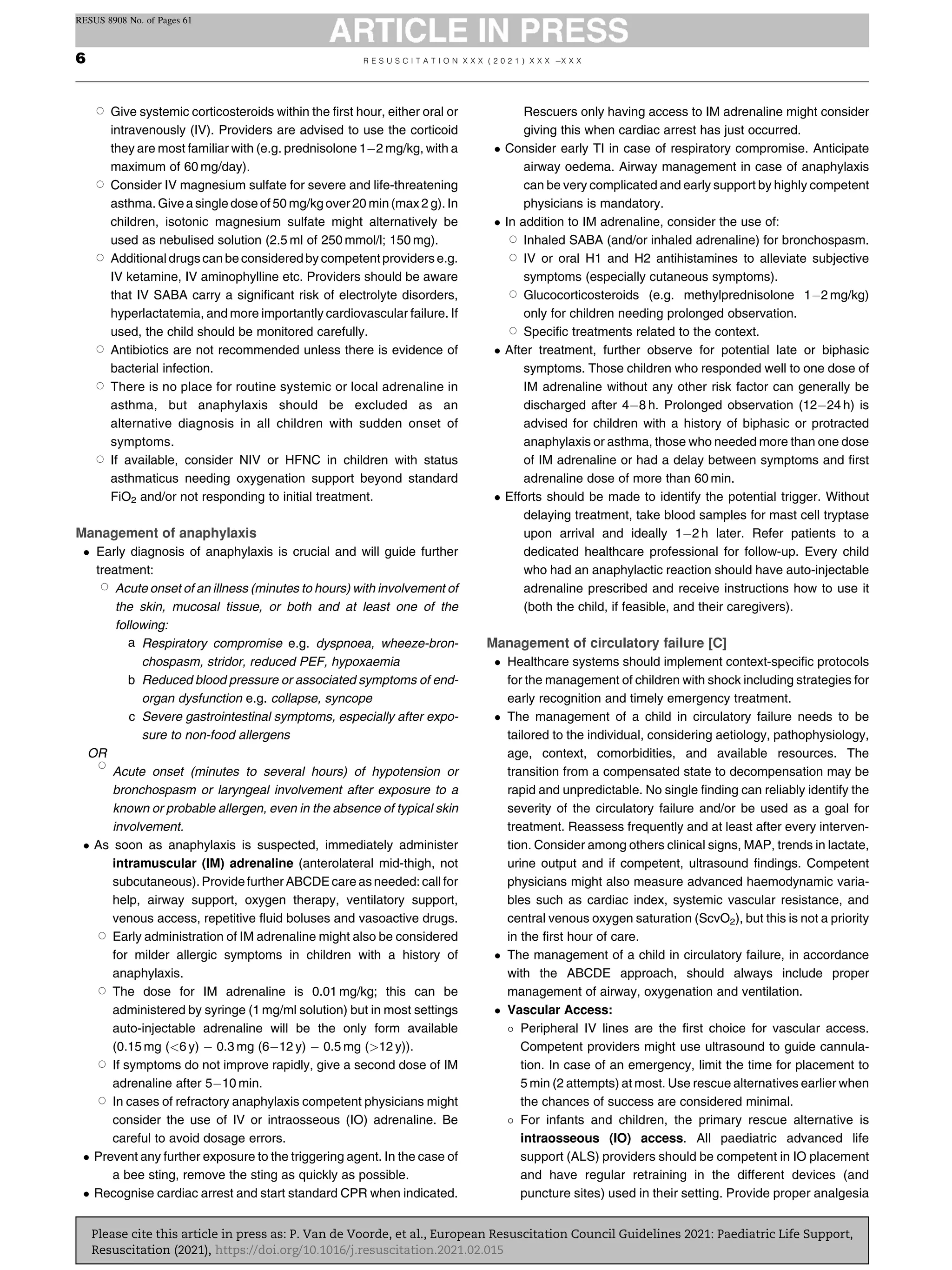 European Resuscitation Council Guidelines 2021: Paediatric Life Support ...