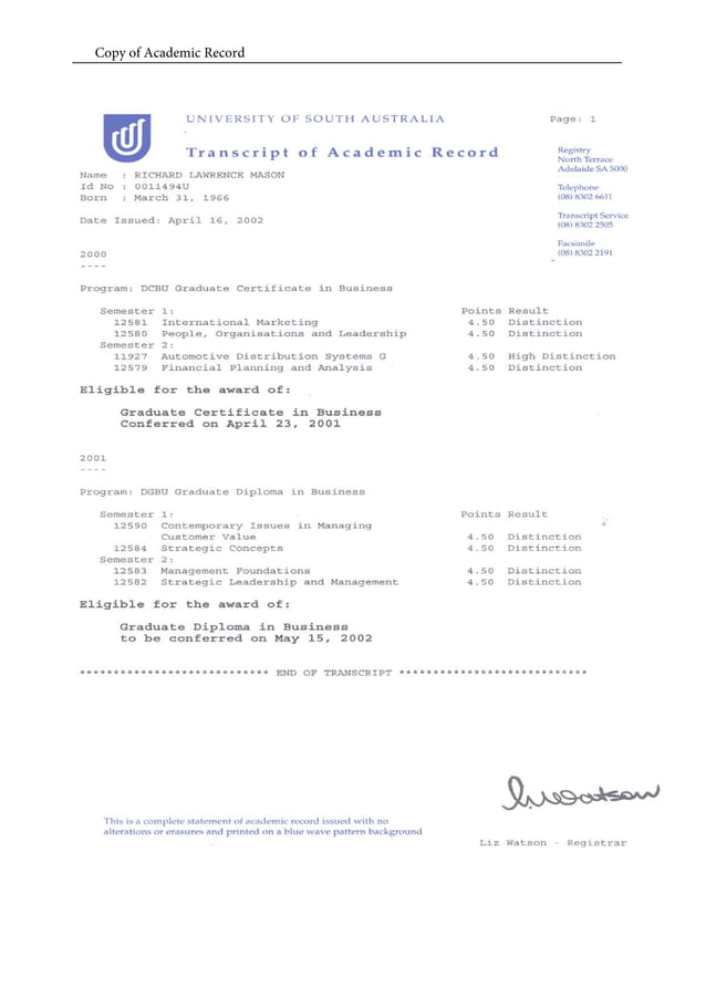 UniSA Academic Record copy | PDF
