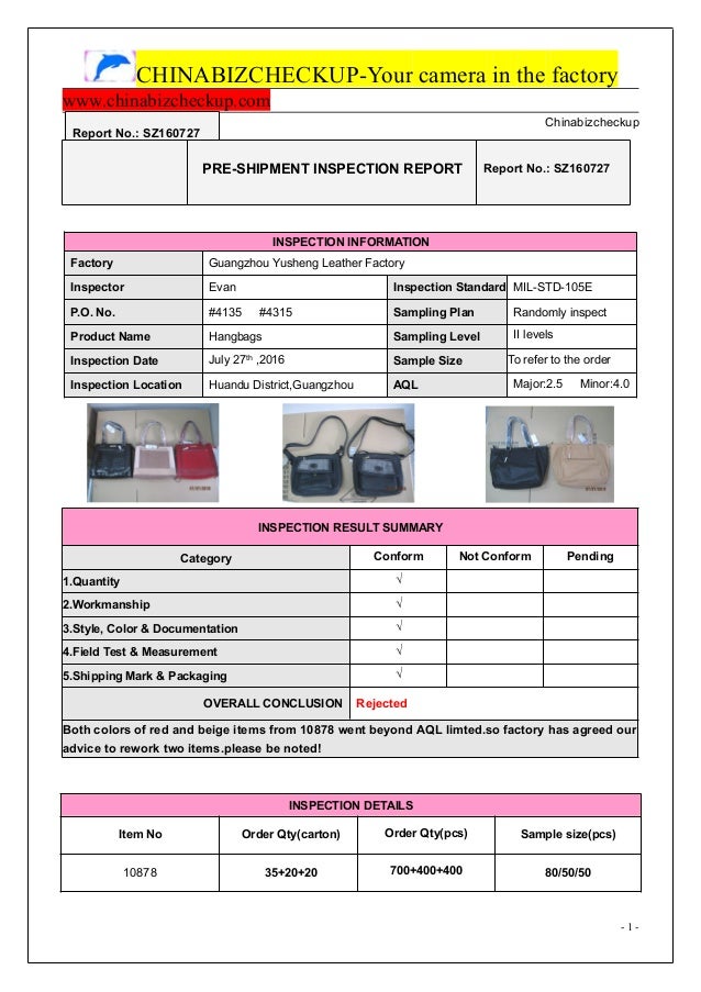 Pre-shipment inspection report on July 27th,2016