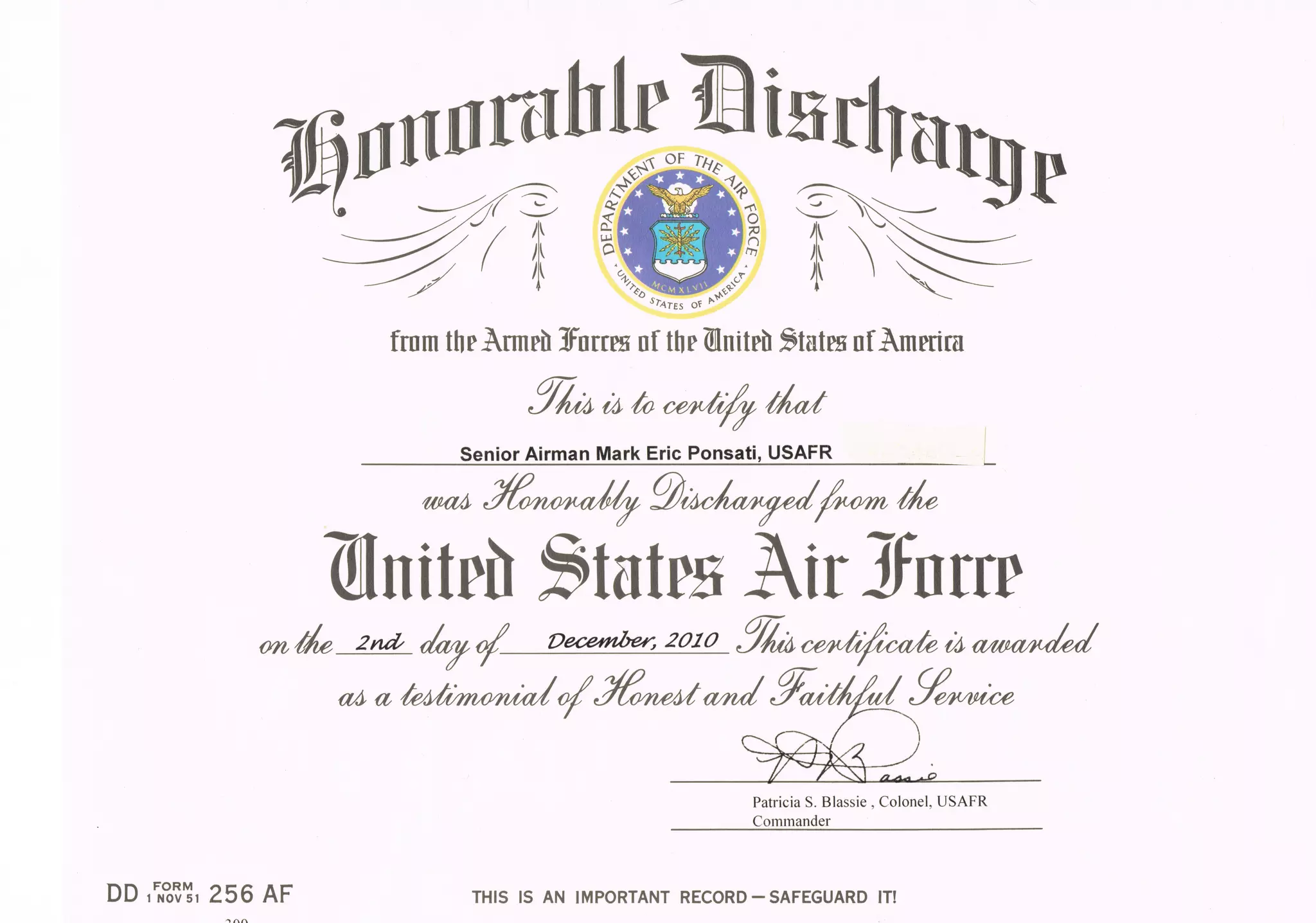 Ponsati Honorable Discharge - USAF | PDF
