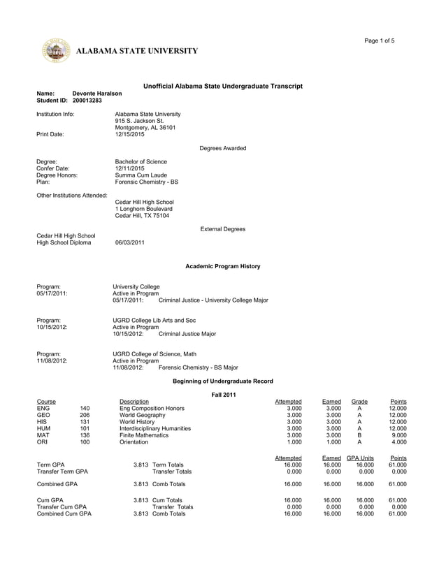 Unofficial Transcript | PDF
