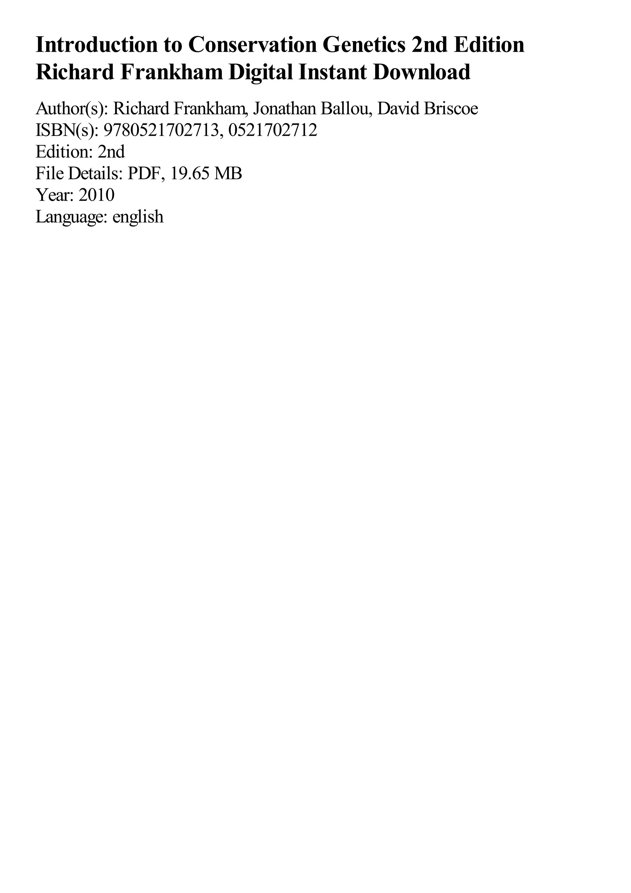 Introduction to Conservation Genetics 2nd Edition Richard Frankham | PDF