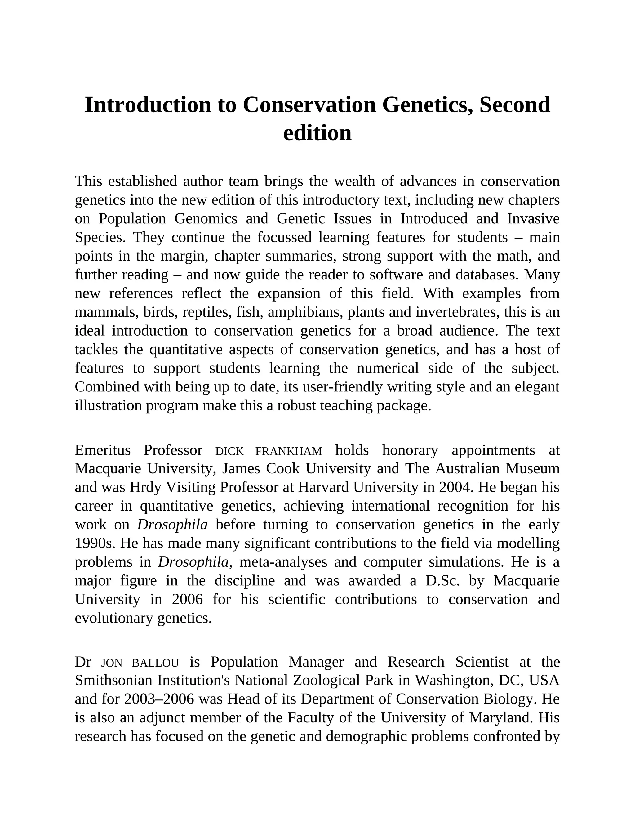 Introduction to Conservation Genetics 2nd Edition Richard Frankham | PDF