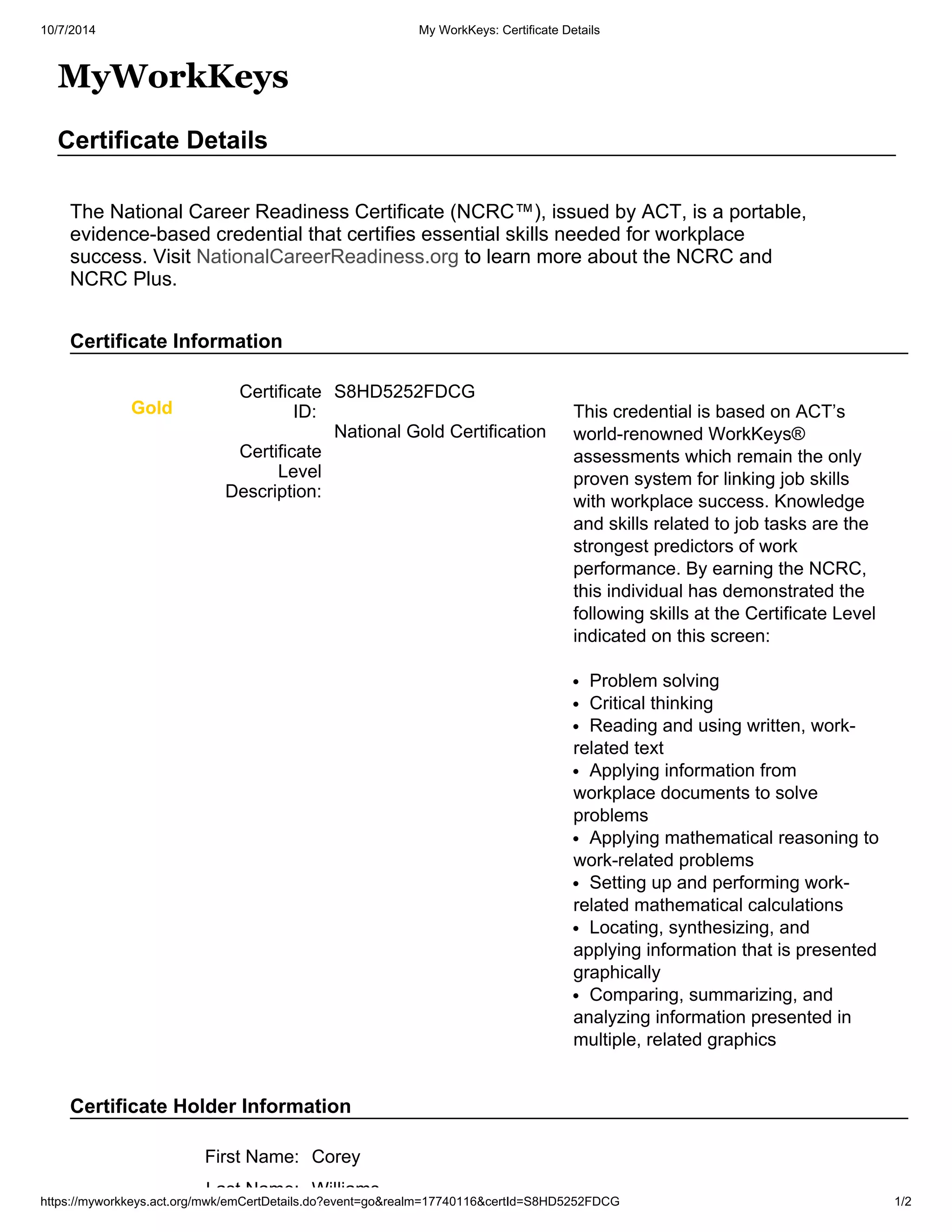 My WorkKeys_ Certificate Details | PDF