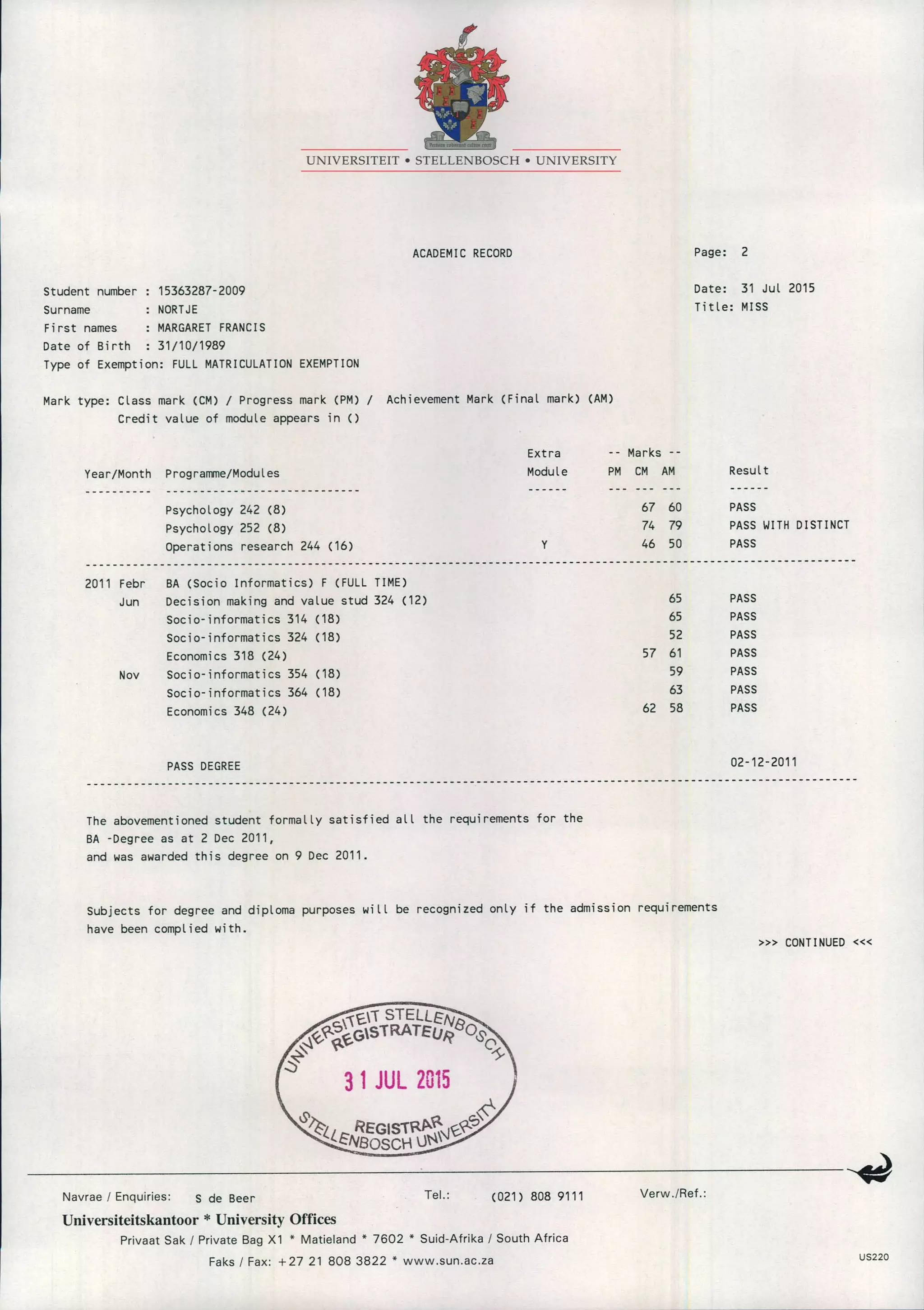 University of Stellenbosch Academic Results | PDF