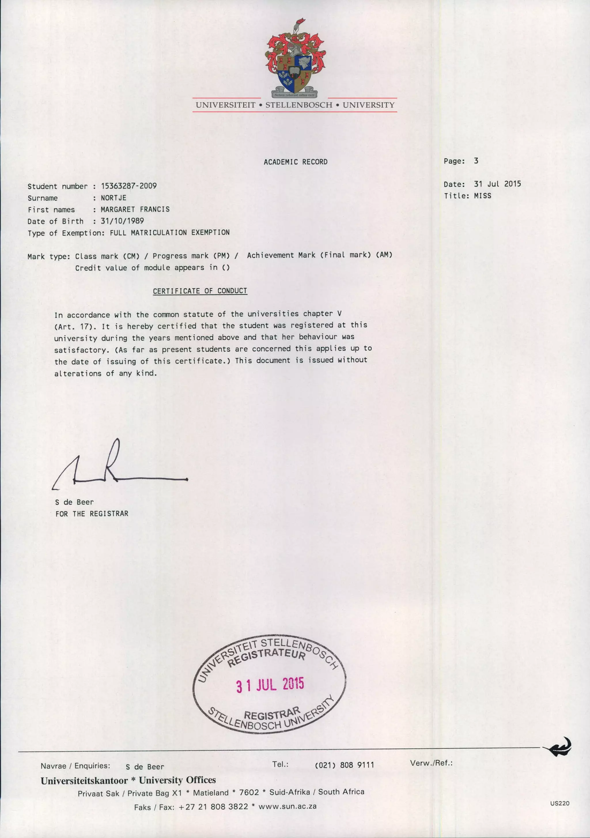 University of Stellenbosch Academic Results | PDF