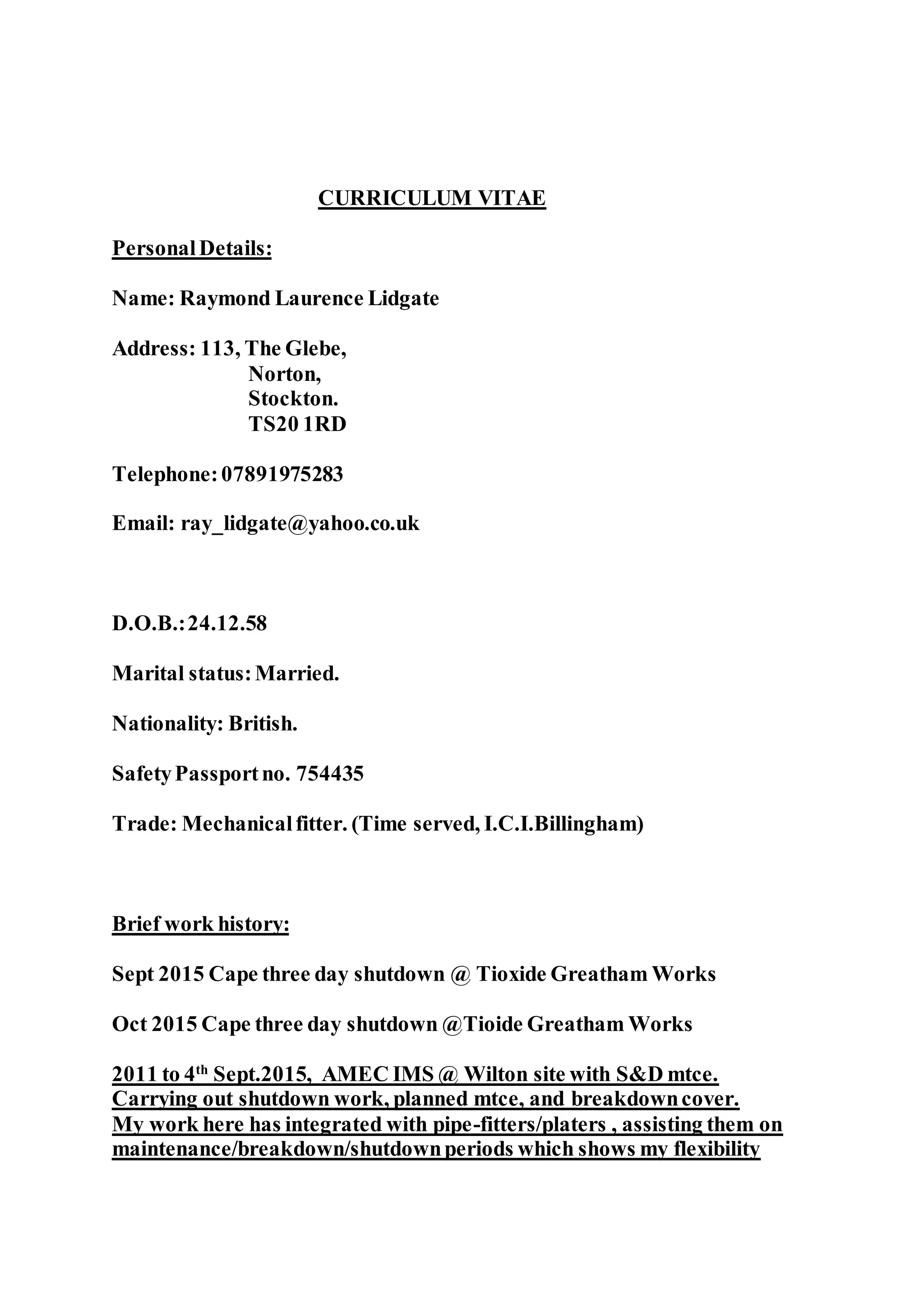 CV Raymond Lidgate Mechanical Fitter | DOCX