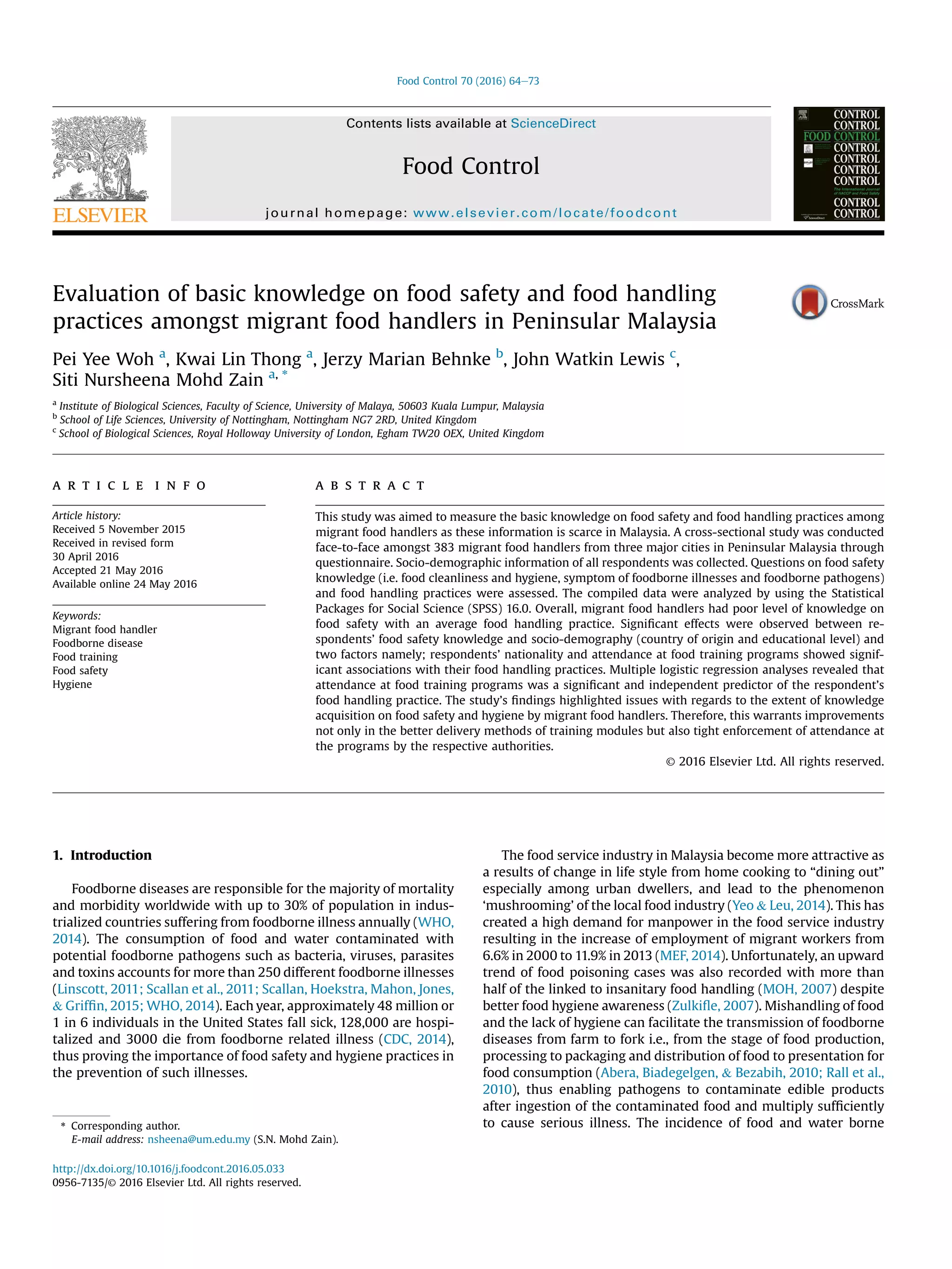 Evaluation of basic knowledge on food safety among migrant food ...