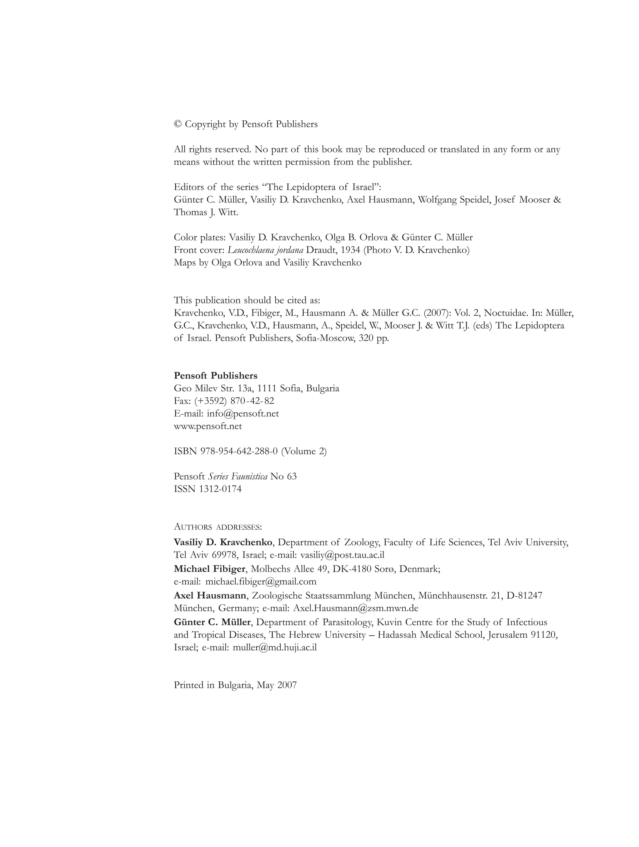 Lepidoptera Of Israel Noctuidae Pensoft Series Faunistica Michael ...