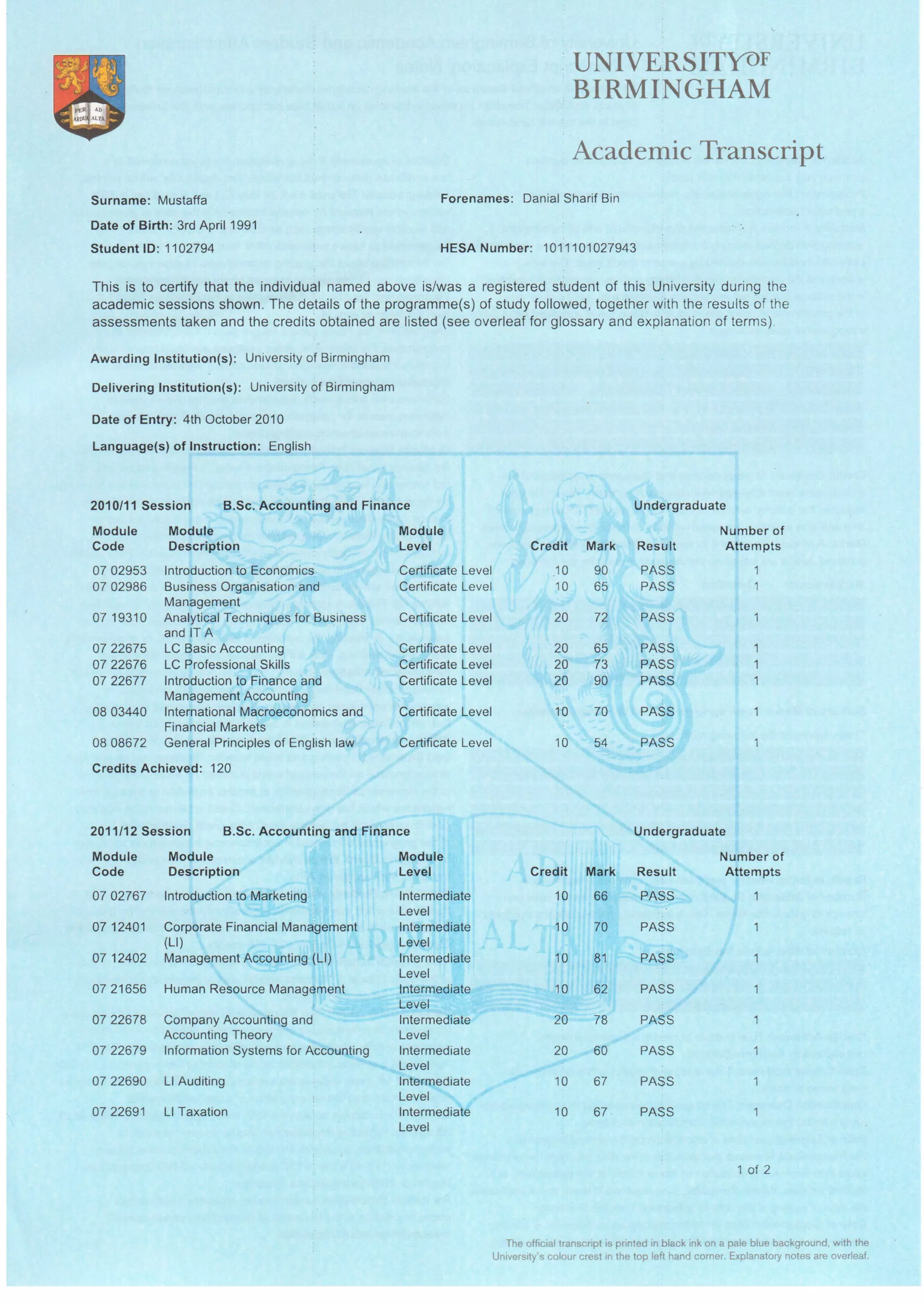 Danial Sharif - academic transcript page 1 of 2 | PDF