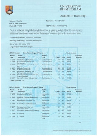 Danial Sharif - academic transcript page 1 of 2 | PDF