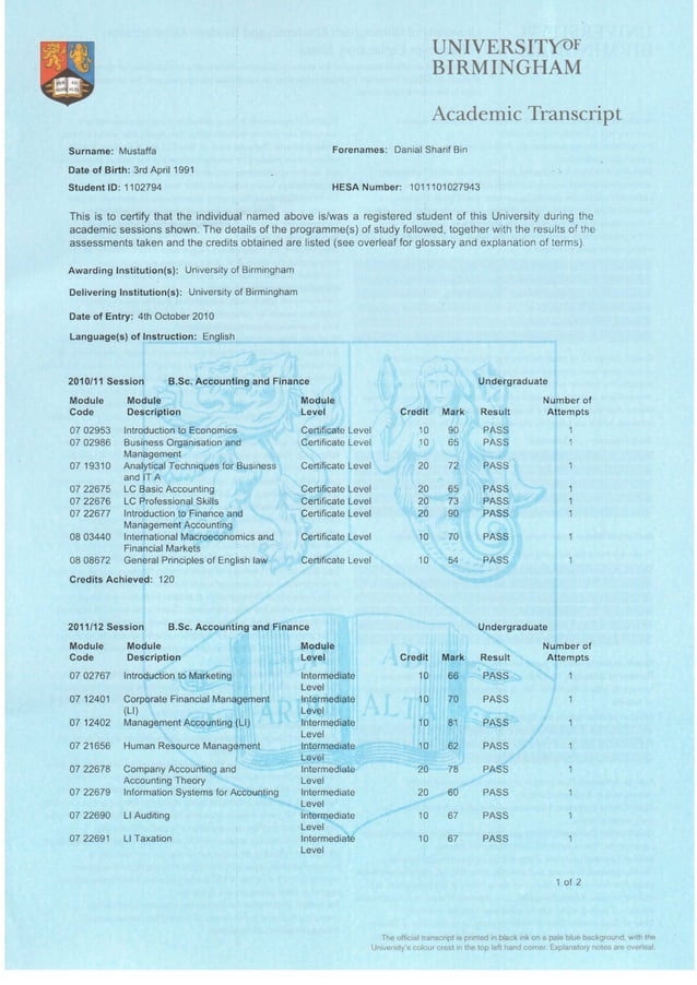 Danial Sharif - academic transcript page 1 of 2 | PDF