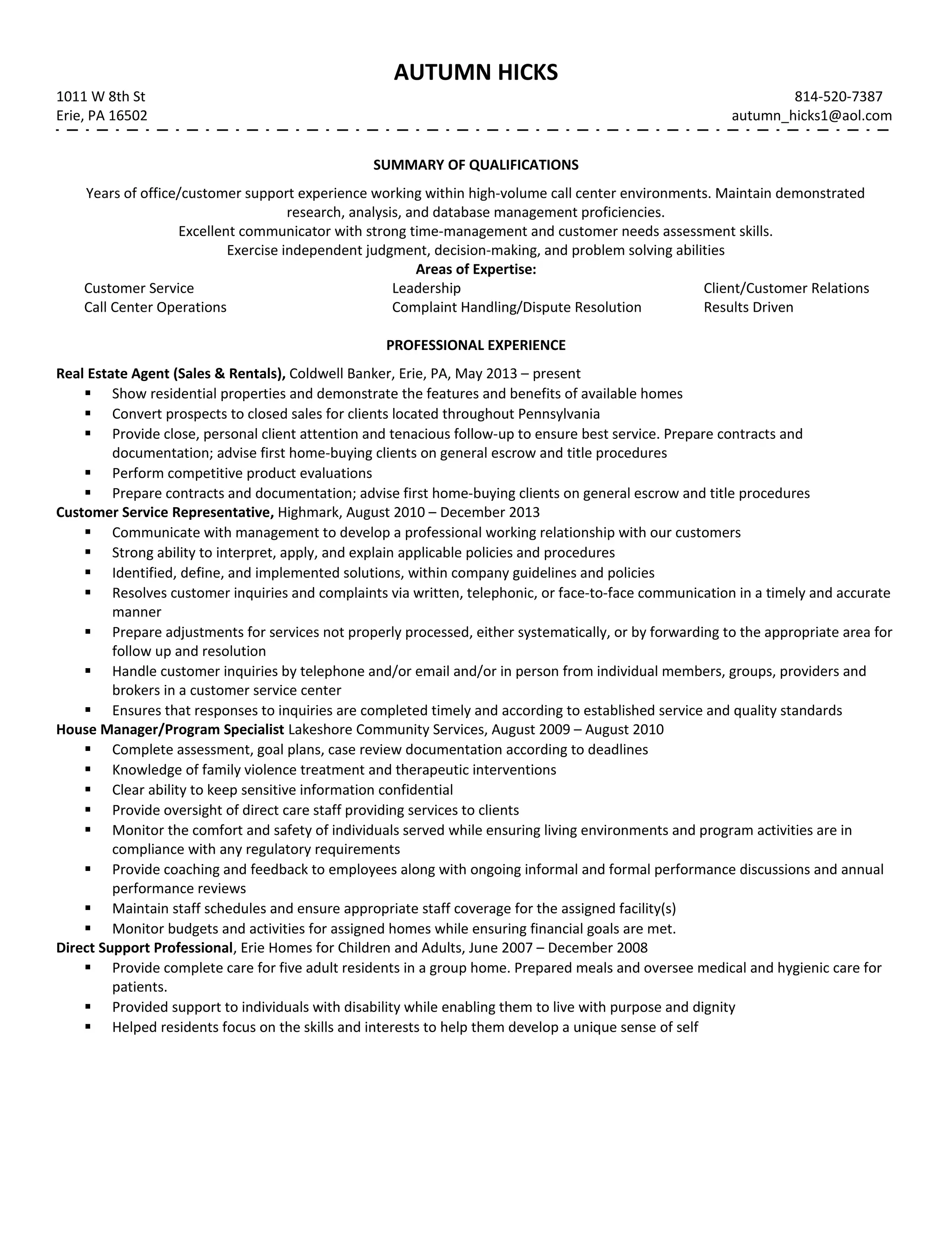 Autumn Hicks Resume | DOC | Office Property | Real Estate