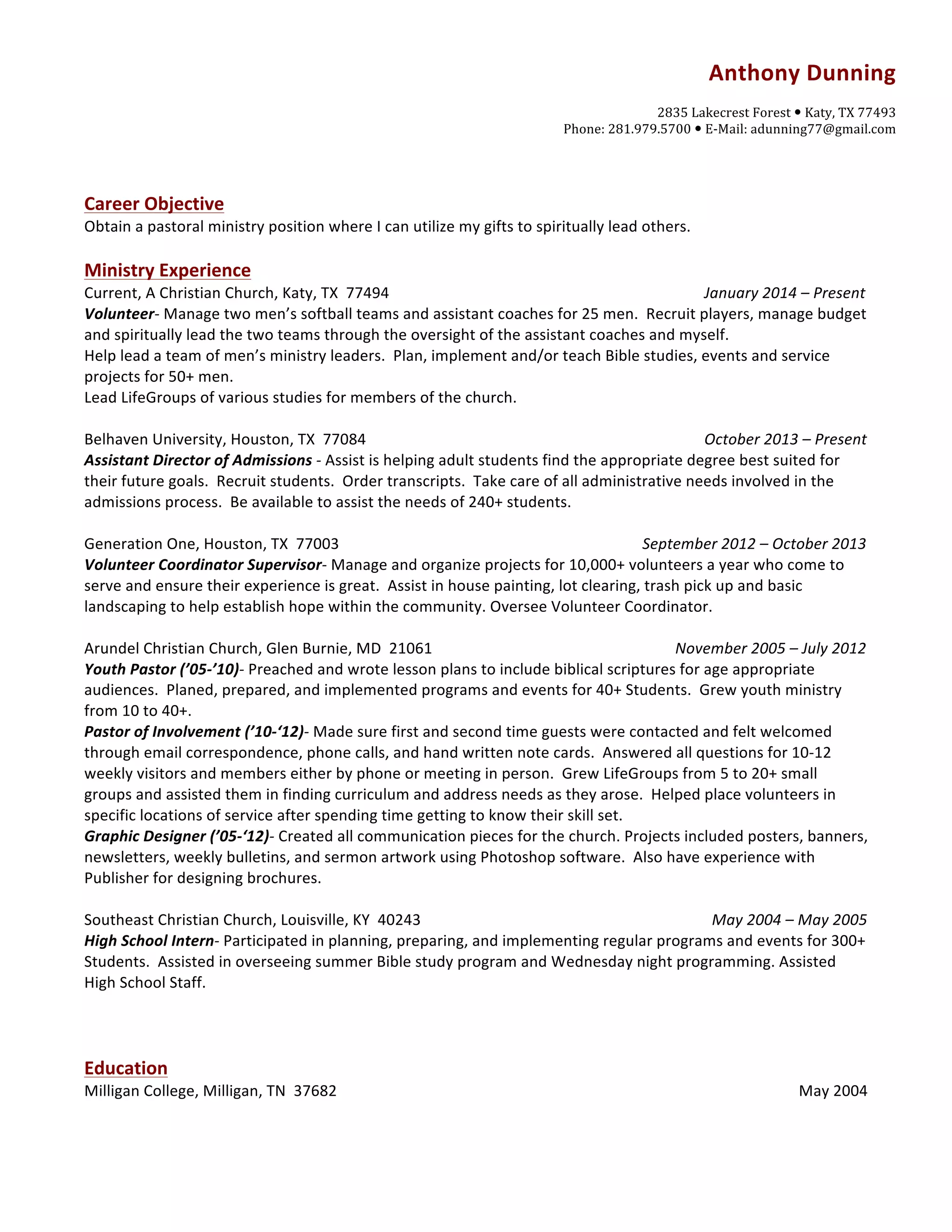 Anthony Dunning's Ministry Resume | PDF