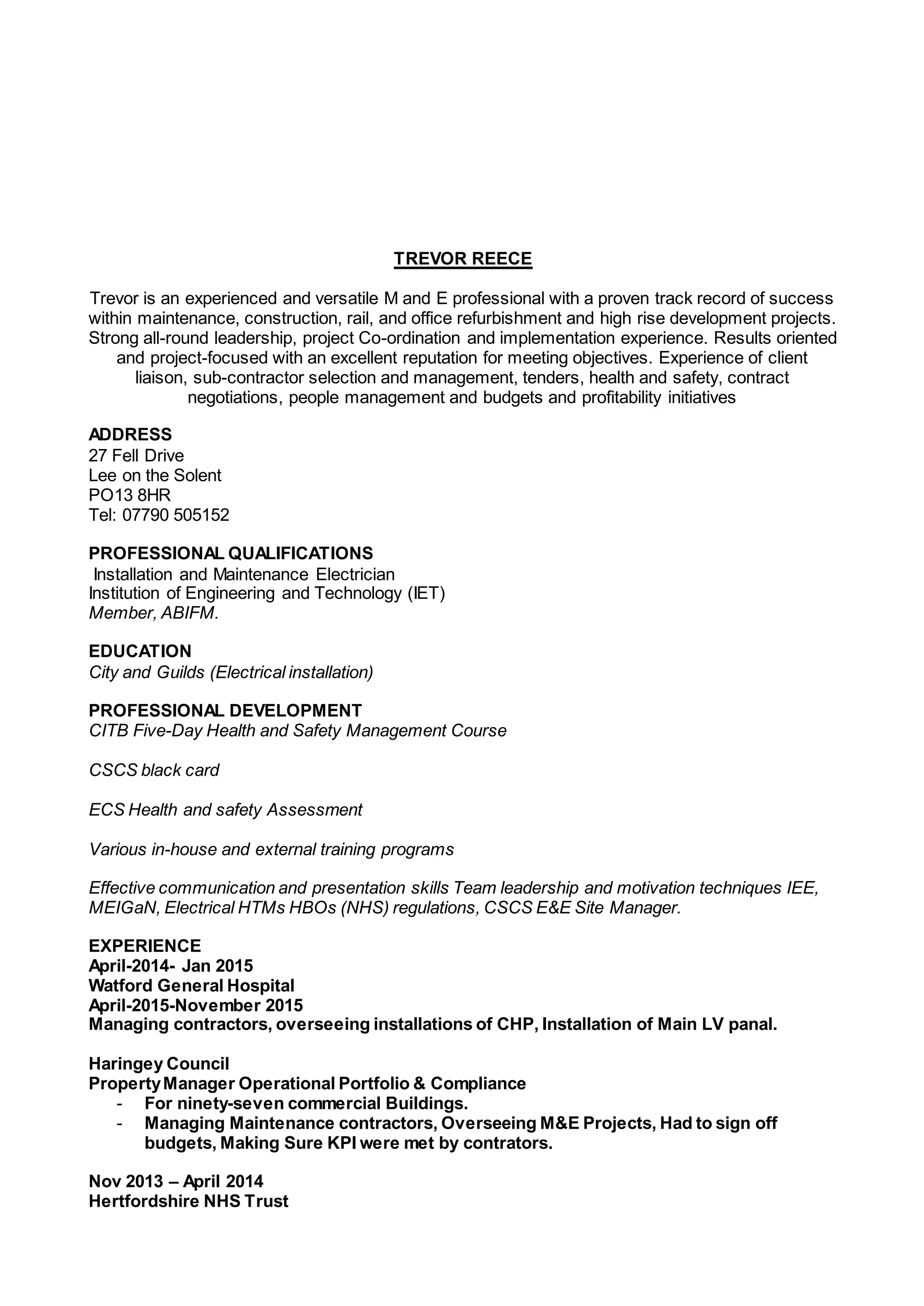 Trevor Reece - CV 30.1.15